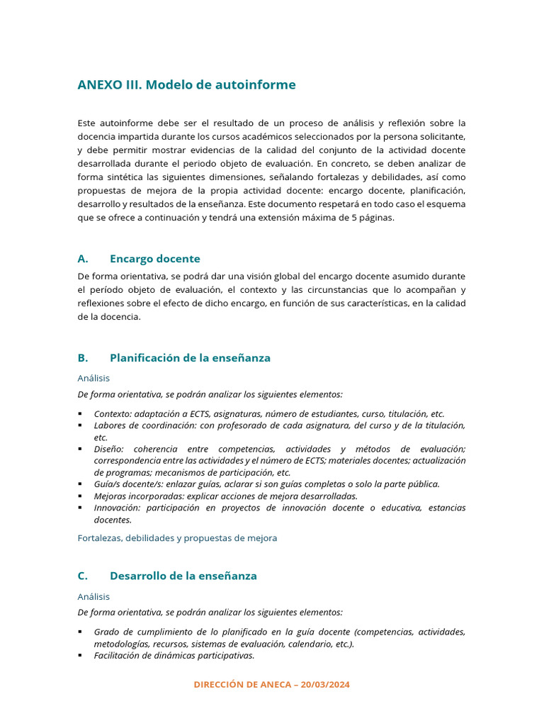 ANEXO III. Modelo de Autoinforme: A. Encargo Docente | PDF