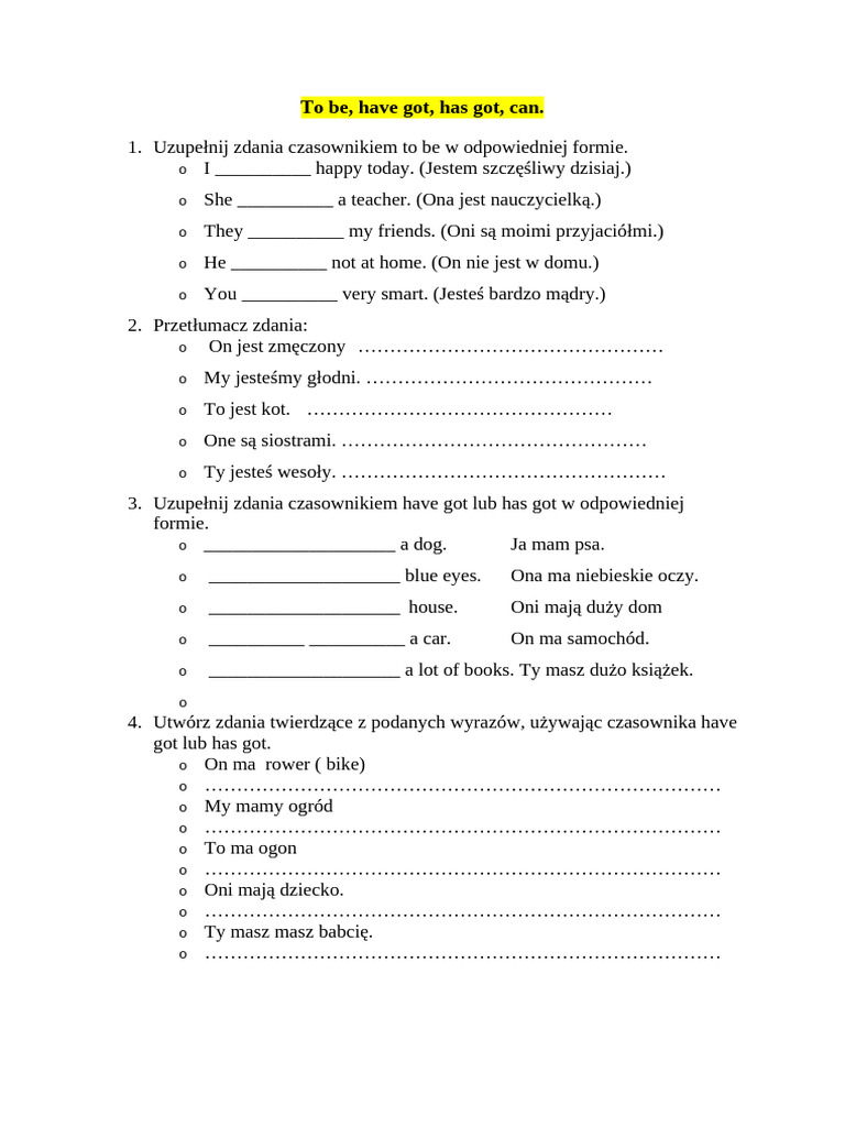 Exercises To Be, Have Got, Has Got I Can. | PDF