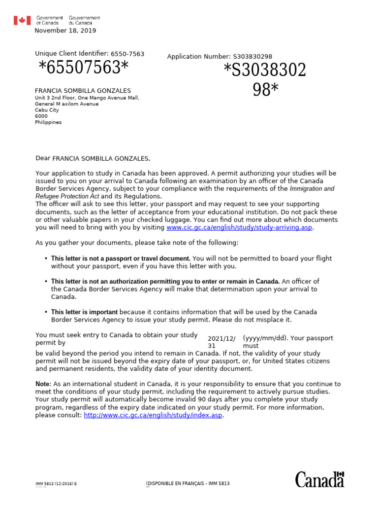 Study Permit Approval Letter | PDF