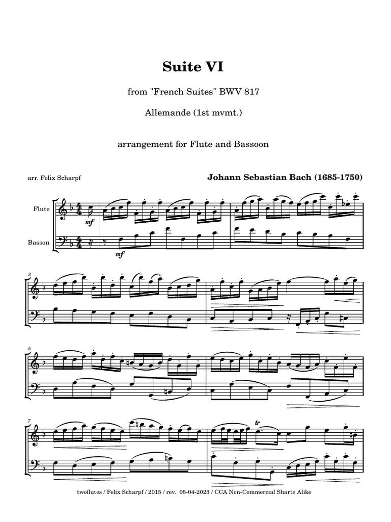 Allemande From BWV 817 French Suite No. 6 - Johann Sebastian Bach - Arr ...