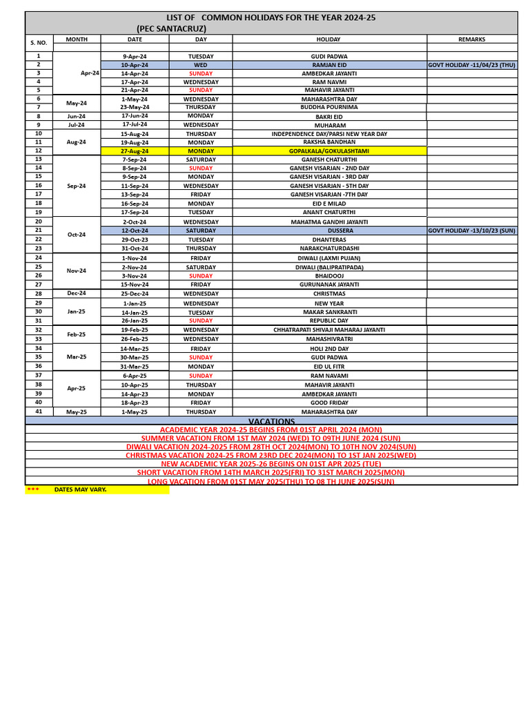 Holiday List 2024 2025 | PDF | Observances | Religious Holidays