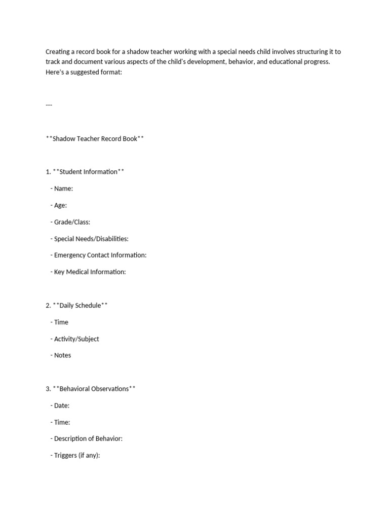 Shadow Teacher Record Guide | PDF