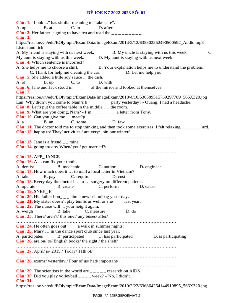 50 ĐỀ IOE K7 2022-2023 | PDF