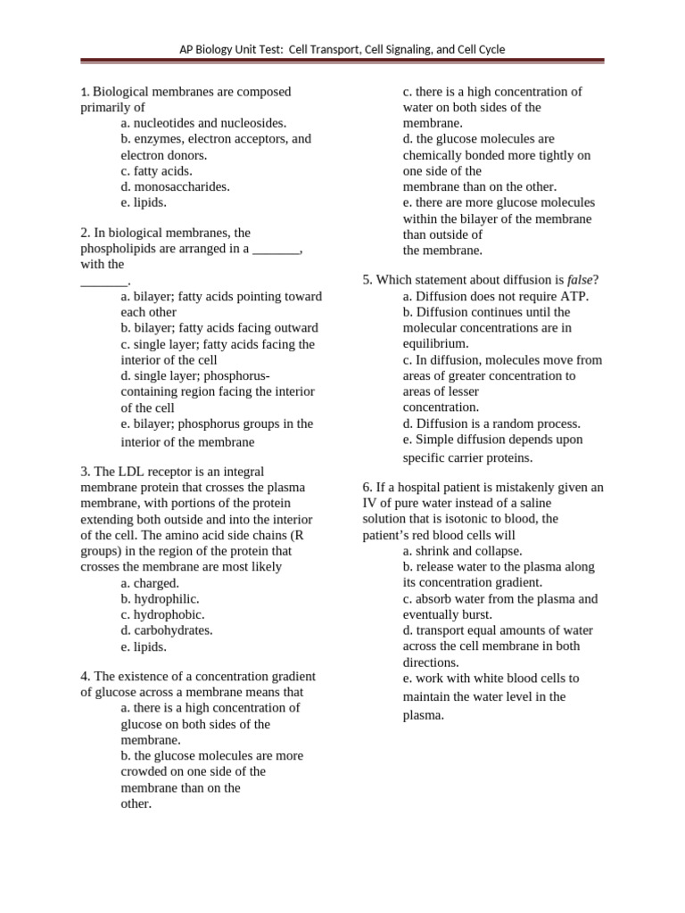 Ap Bio Cells Membranes Signaling and Cell Cycle | PDF