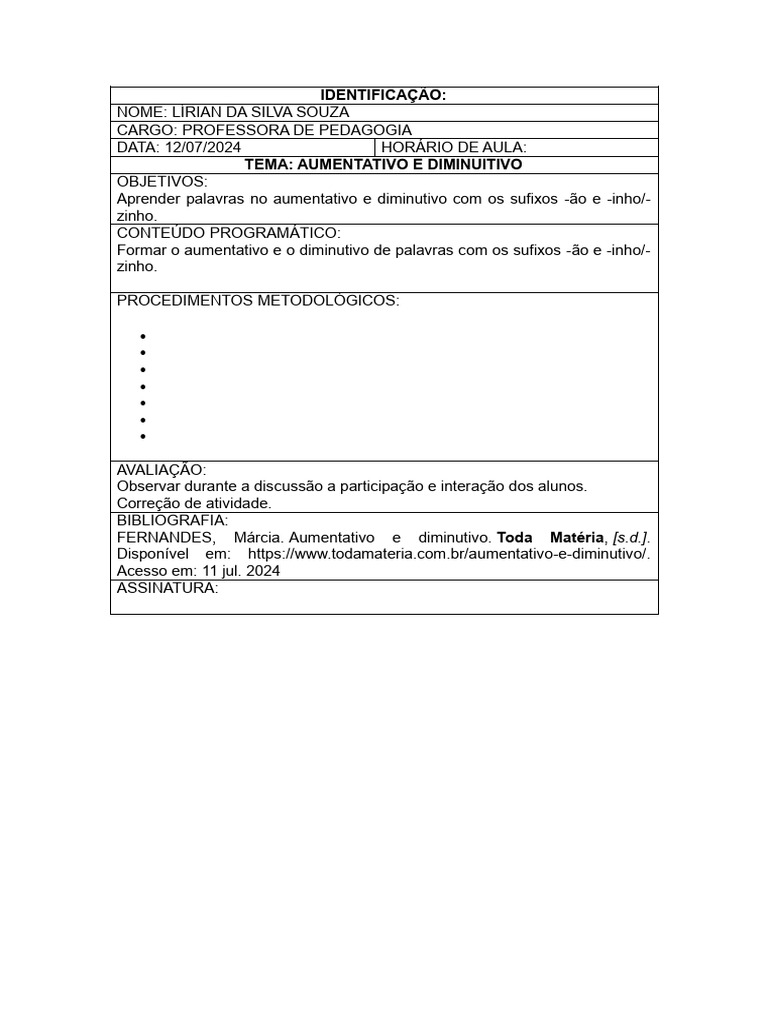 Plano de Aula Lírian | PDF
