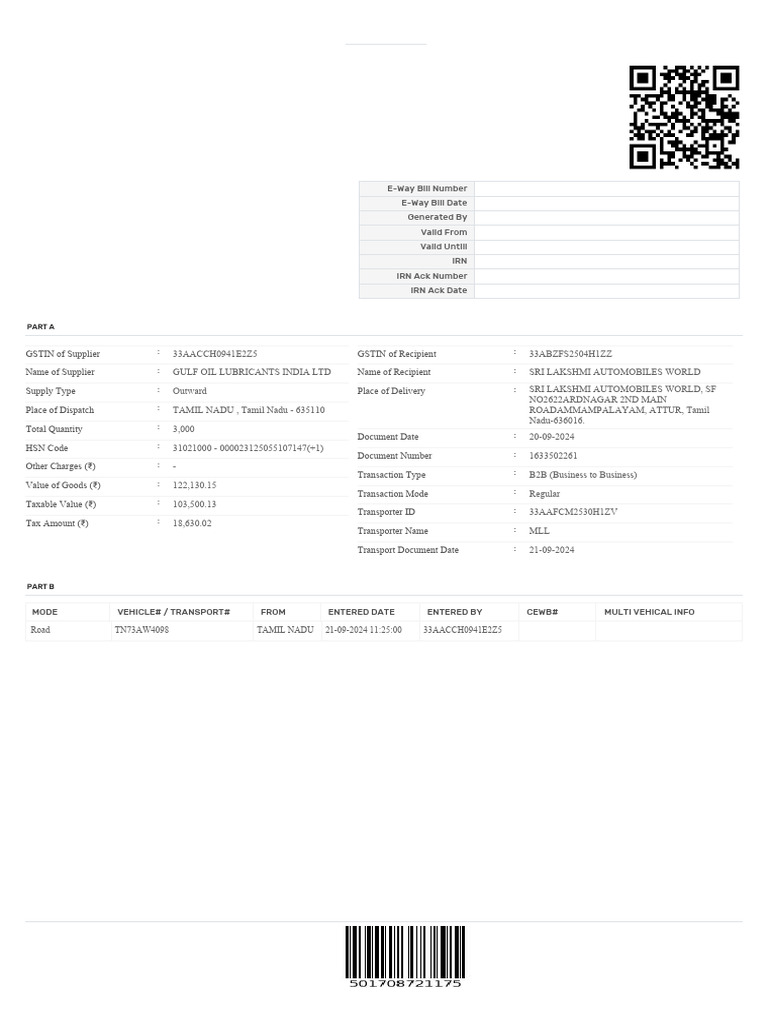 E-Way Bill: E-Way Bill Number E-Way Bill Date Generated by Valid From ...