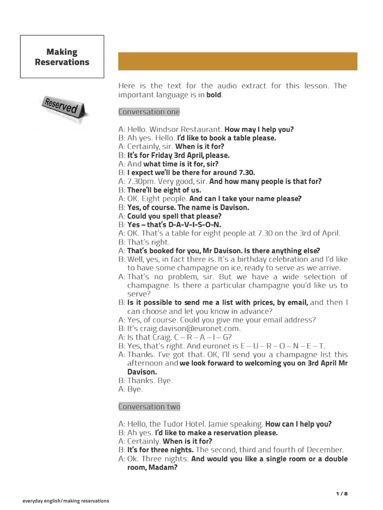 Making Reservations Study Blank | PDF