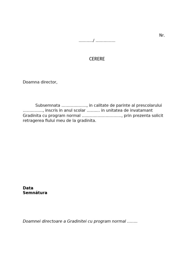 Cerere Retragere Gradinita Template | PDF