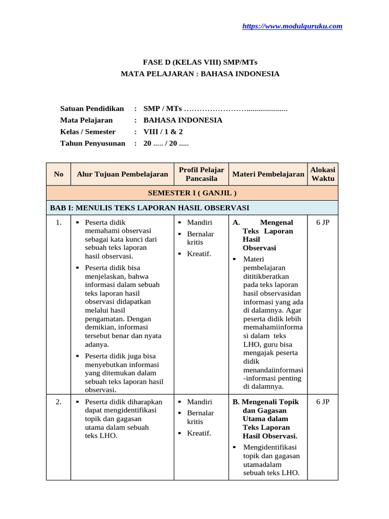 Prota Kelas 8 SMP Fase D Bahasa Indonesia | PDF