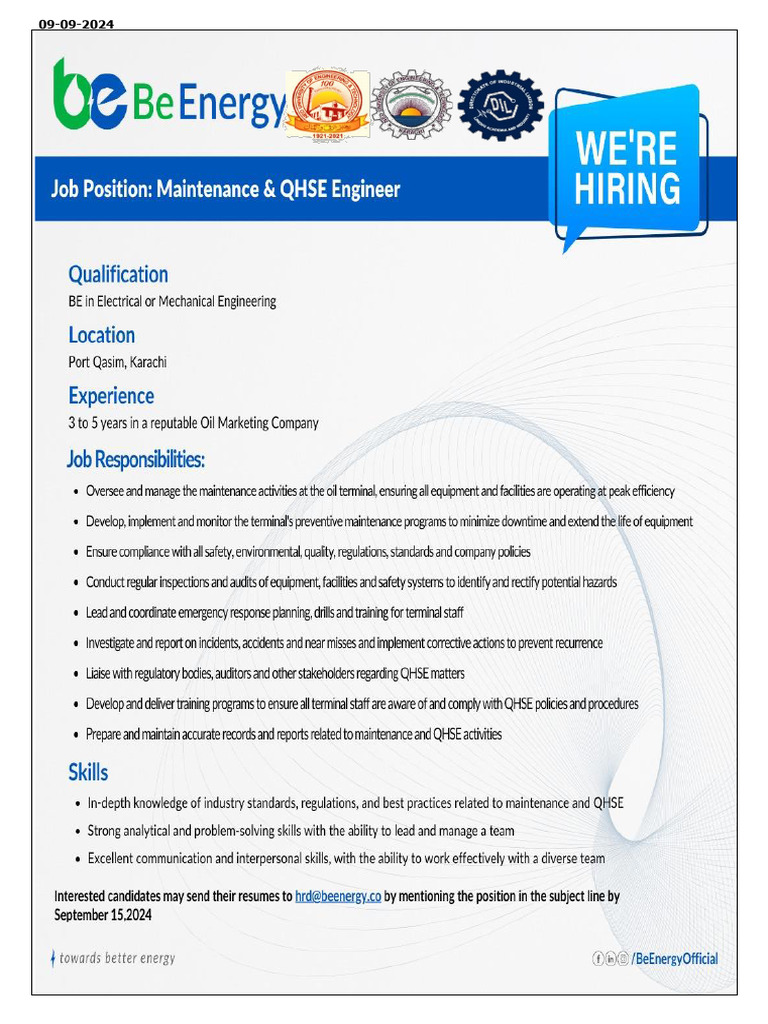 Job Vacancy of Maintenance & QHSE Engineer at Be Energy. Latest by 15th ...