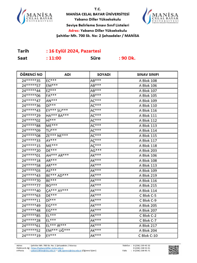 16 Eylul Seviye Belirleme Sinif Listeleri | PDF