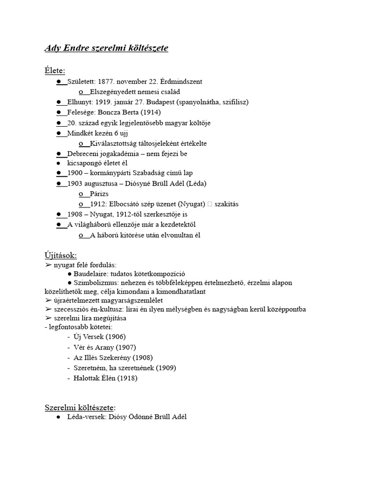Ady Endre Szerelmi Költészete: Élete: o | PDF