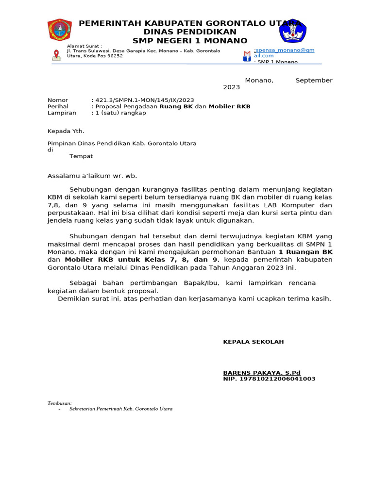 SURAT PERMOHONAN PROPOSAL BK dan Mobiler Sekolah | PDF