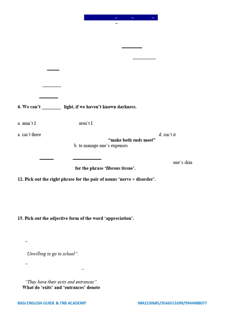 Namma Kalvi 12th English Unit 3 Test Question Paper 221134 | PDF