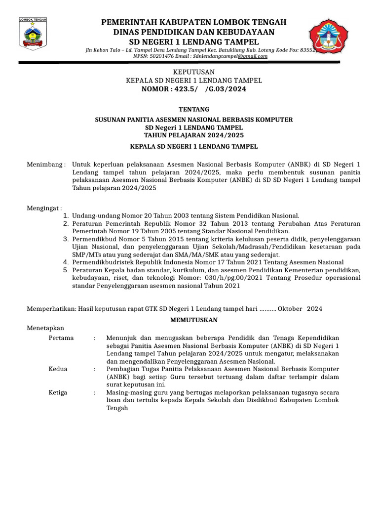 SK. ANBK SDN 1 LENDANG TAMPEL Tahun 2024 | PDF