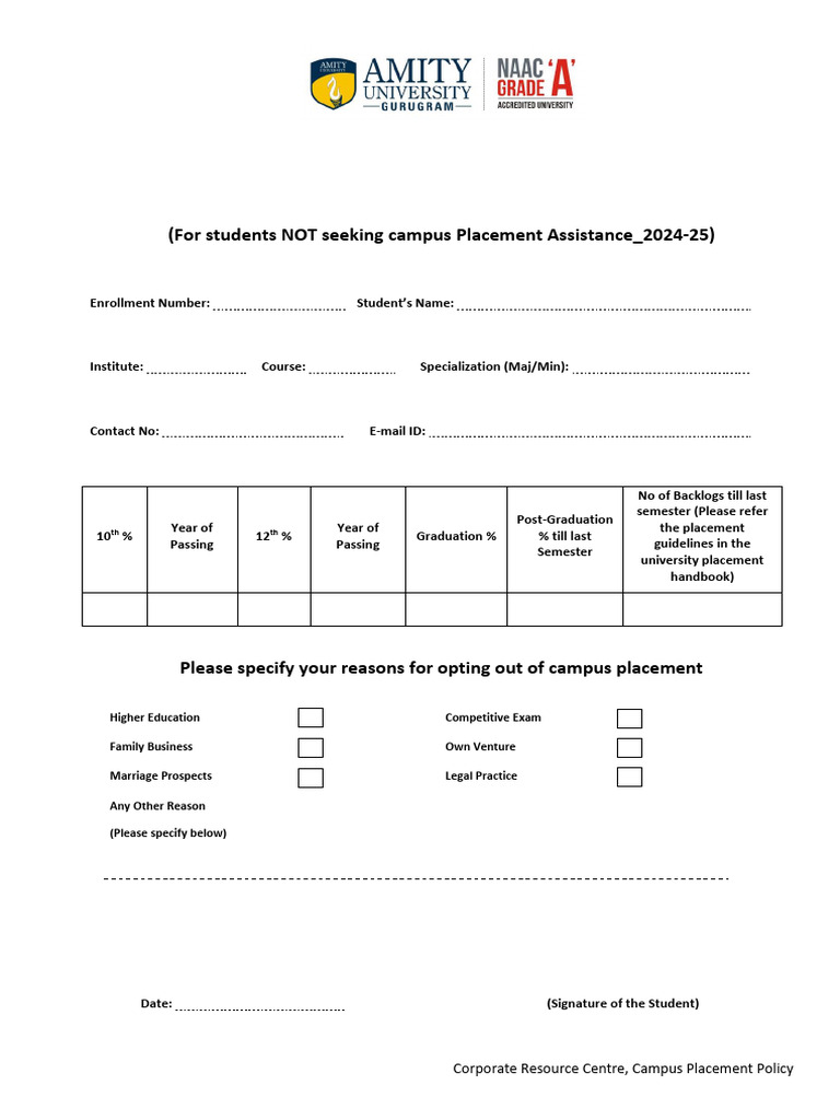 Not Seeking Placement Assistance - Student Declaration Form-2024-25 | PDF