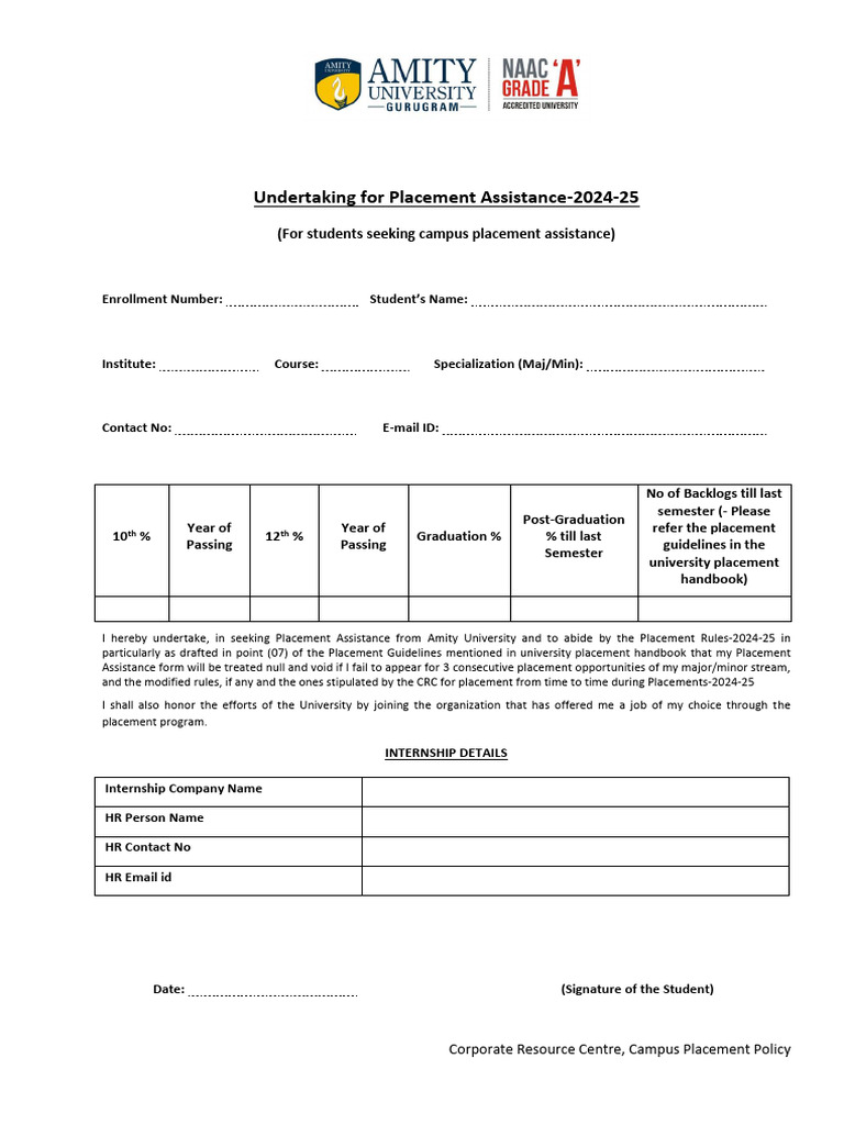 Seeking Placement Assistance - Student Declaration Form-2024-25 | PDF