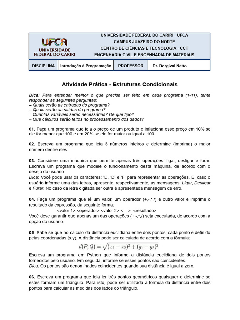 Aula 04 - Lista de Exercícios Condicionais | PDF