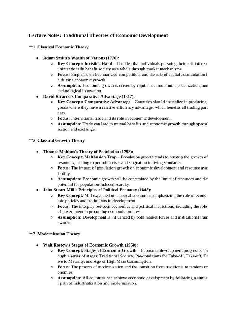 Lecture Notes - Traditional Theories of Economic Development | PDF