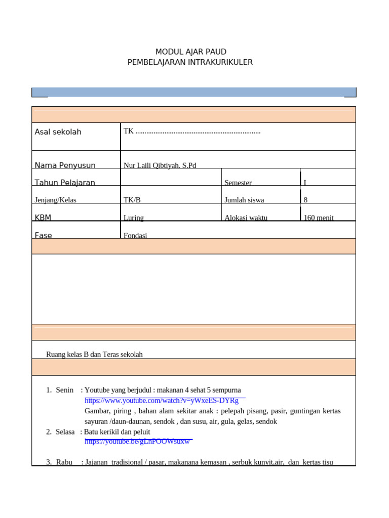 Modul Ajar Paud Pembelajaran Intrakurikuler | PDF