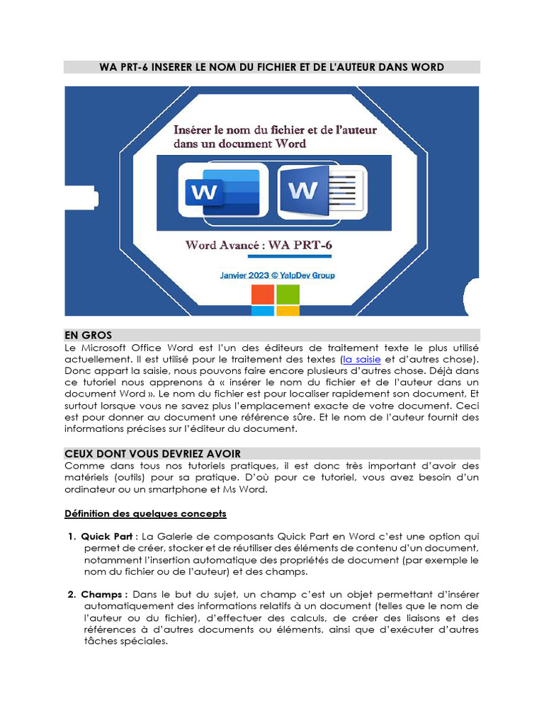 Wa Prt-6 Inserer Le Nom Du Fichier Et de L'auteur Dans Word | PDF