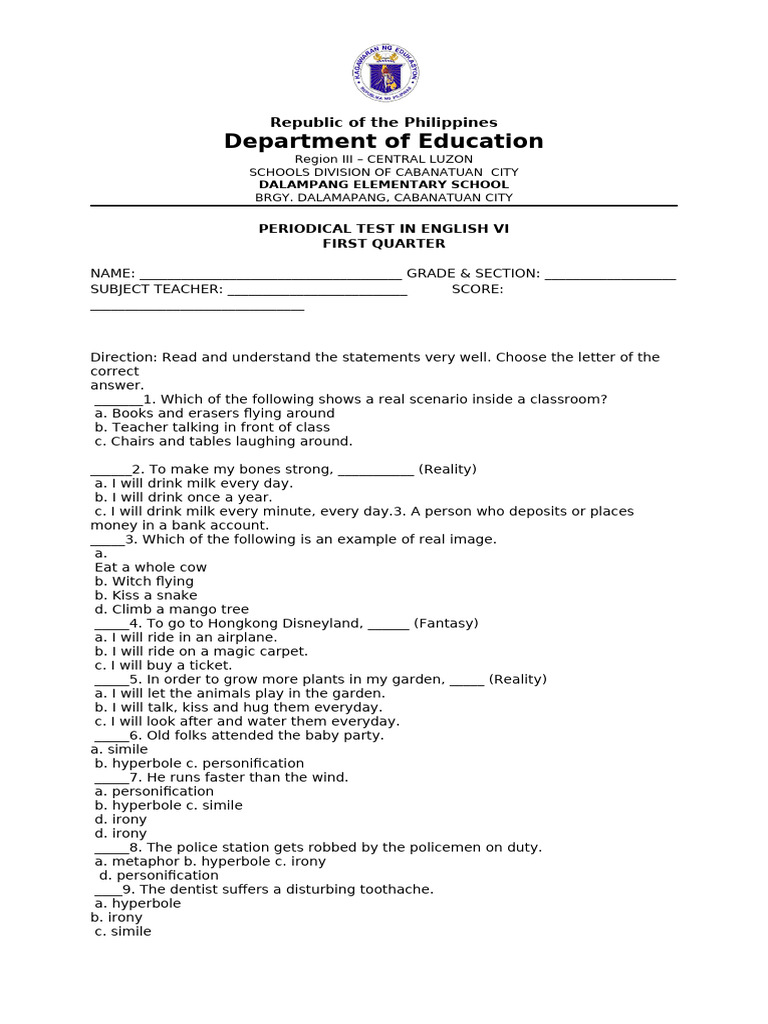 GRADE 5 1st PT in ENGLISH WITH TOS KEY TO CORRECTIONS | PDF