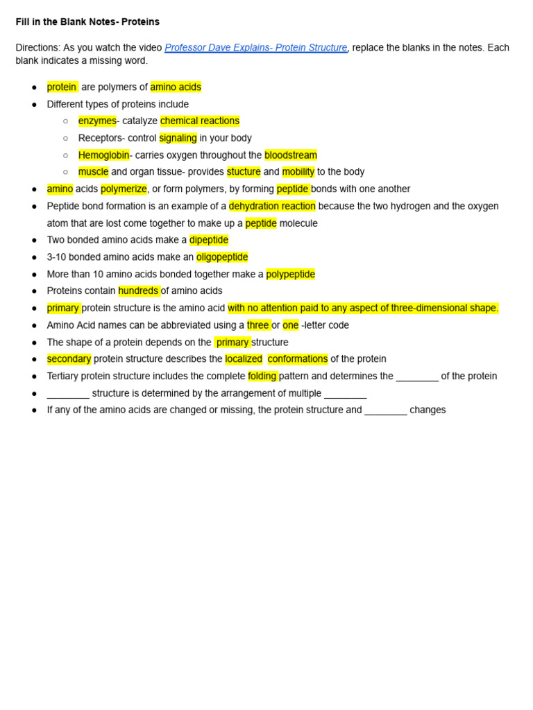 Fill in The Blank Notes - Proteins | PDF