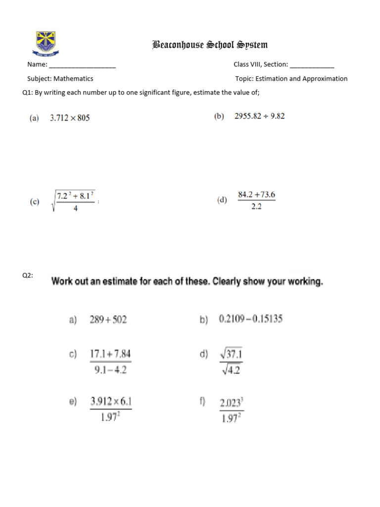 Worksheet Estimation and Approximation | PDF