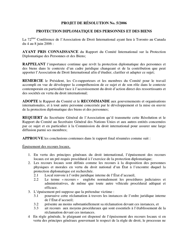 Resolution 5 2006 Diplomatic Protection French | PDF