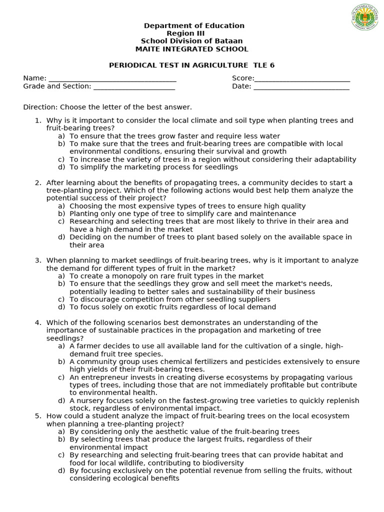 g6 Exam Agriculture | PDF