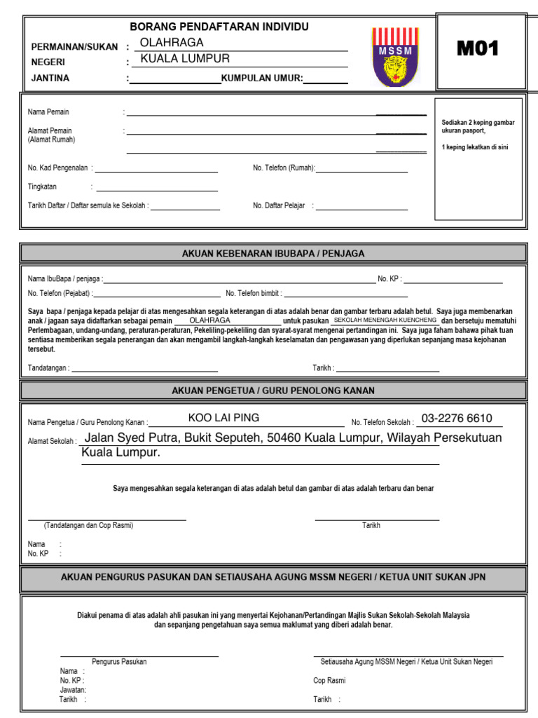 BORANG PENDAFTARAN INDIVIDU M01 TERKINI | PDF