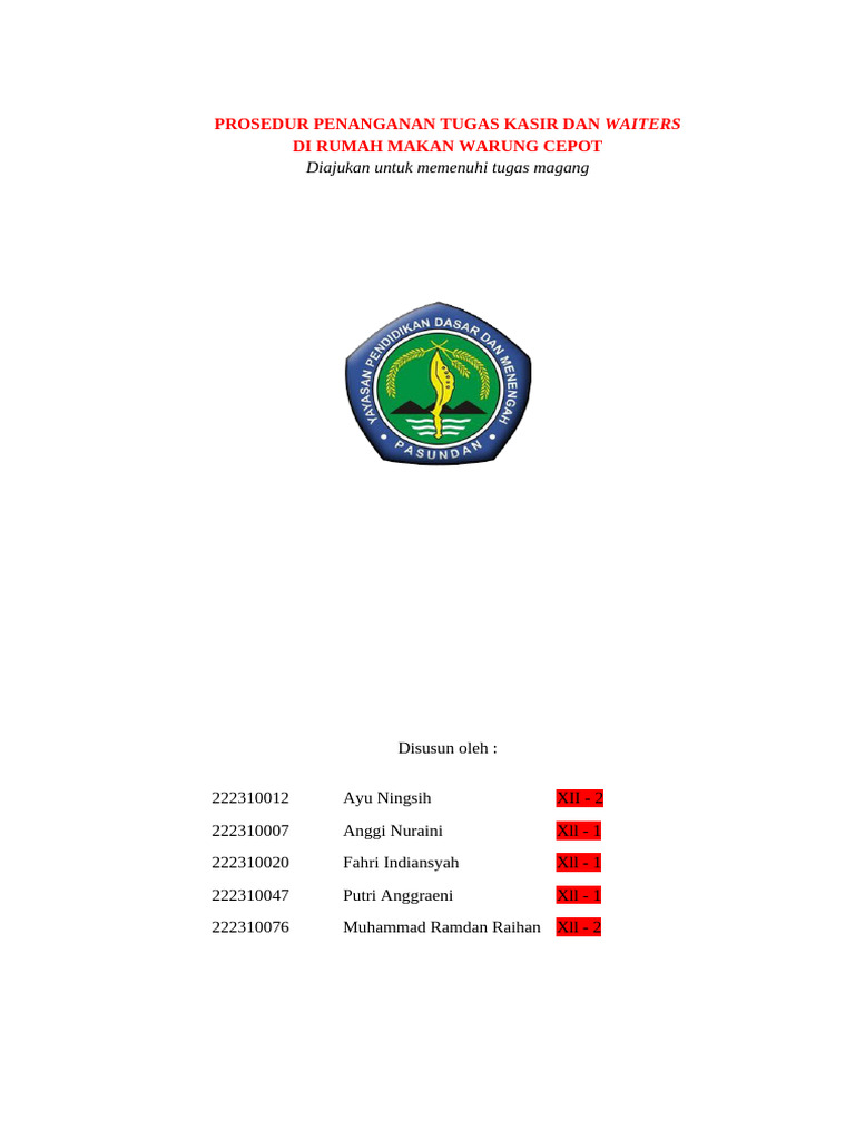 Laporan Magang Prosedur Penanganan Tugas Kasir Dan Waiters (Kel 9) | PDF