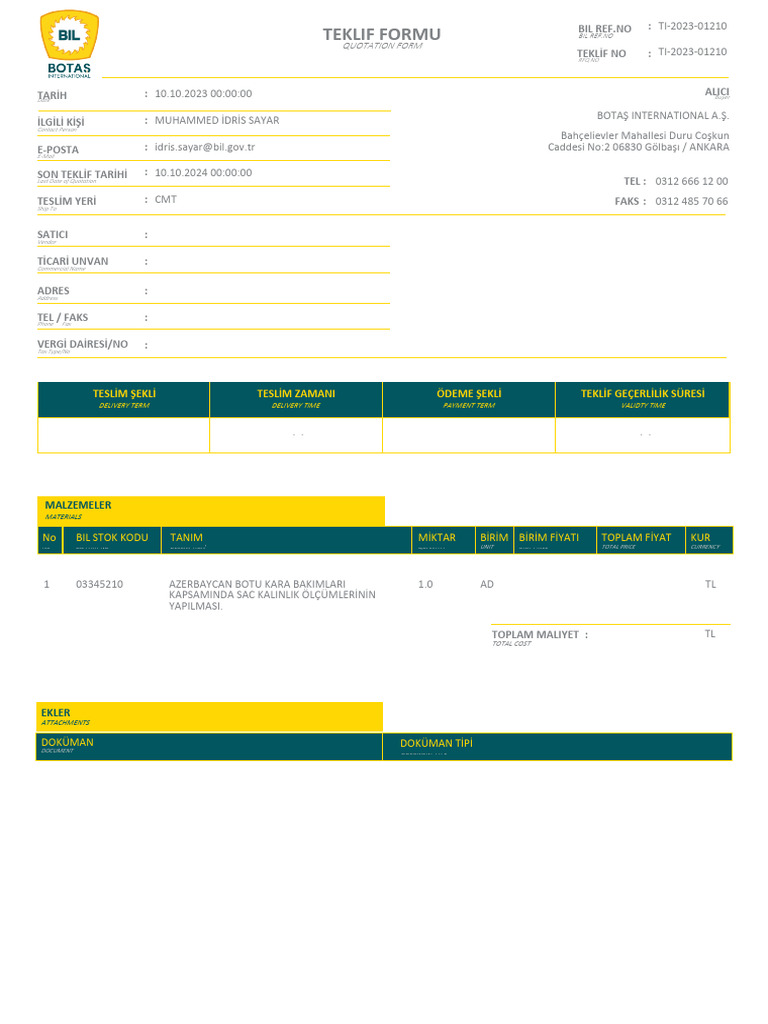 TEKLİF FORMU - 2023-01210 | PDF