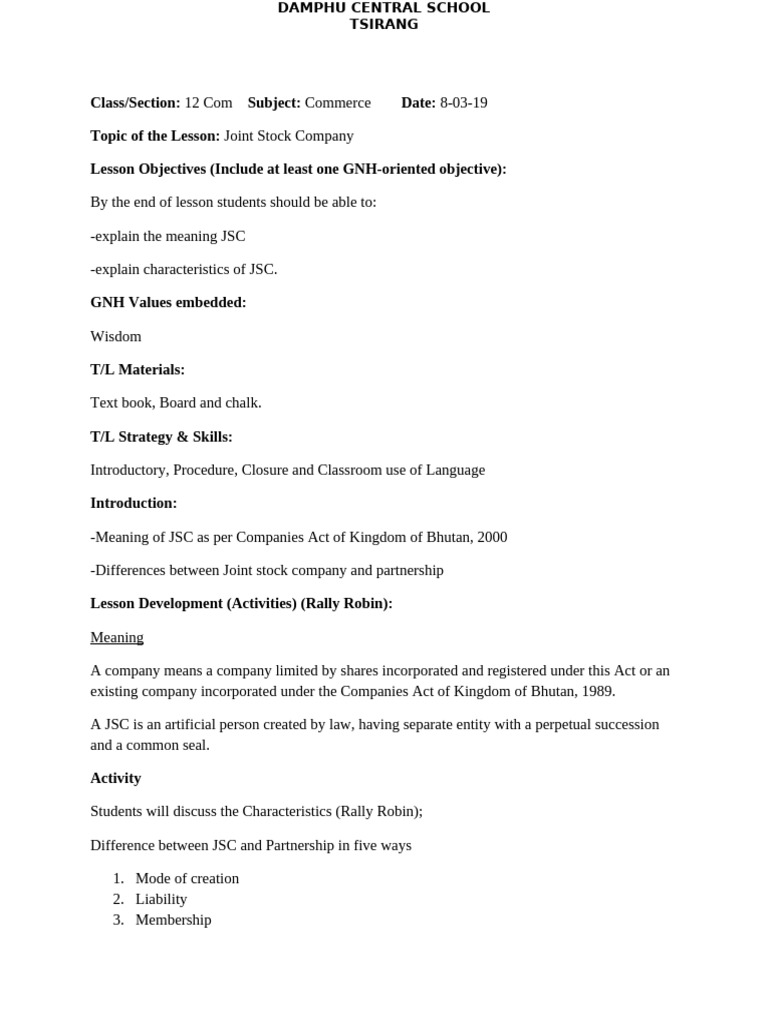 Lesson Plan 5 Commerce | PDF