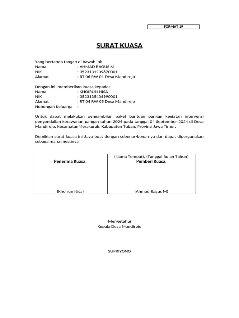 Format 19 - Surat Kuasa KRP TA 2024 | PDF