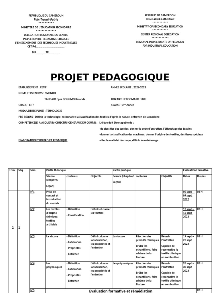 Projet Pédagogique 2023 Techno 3è Année-1 | PDF