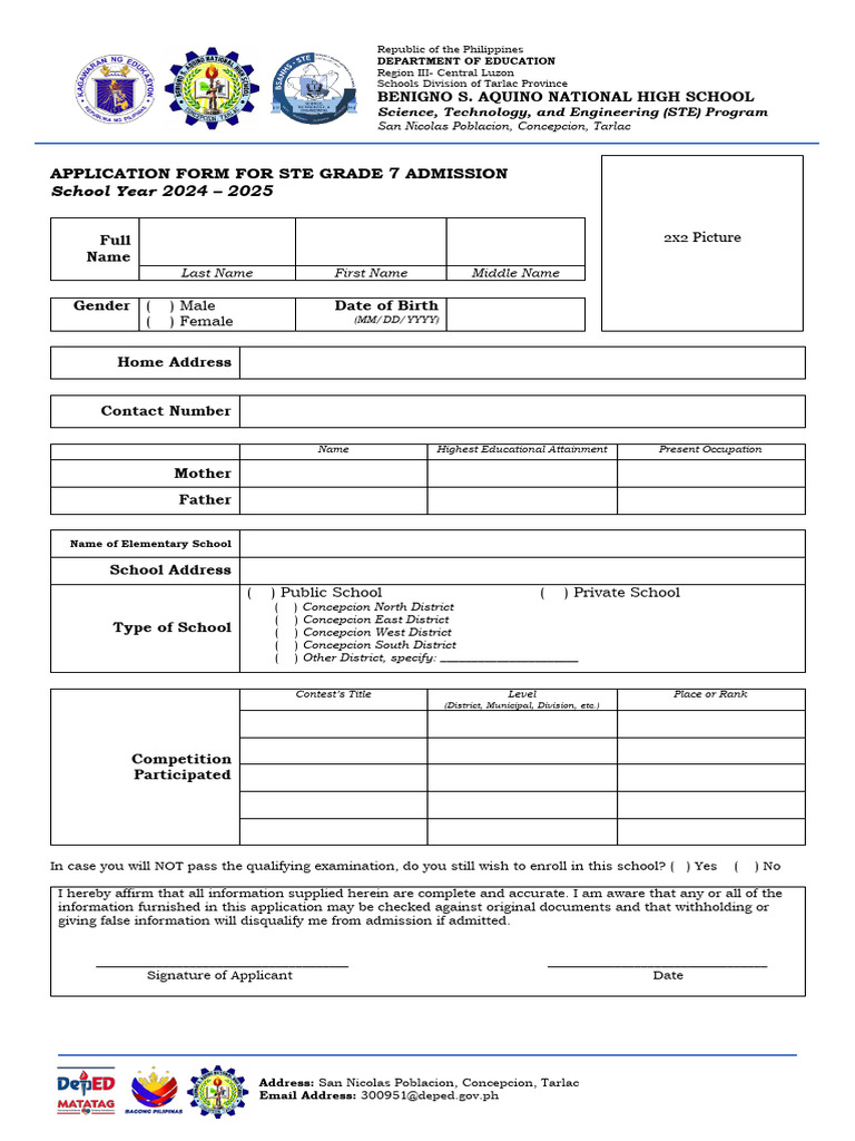BSANHS STE Application Form (Long Bond Paper) | PDF