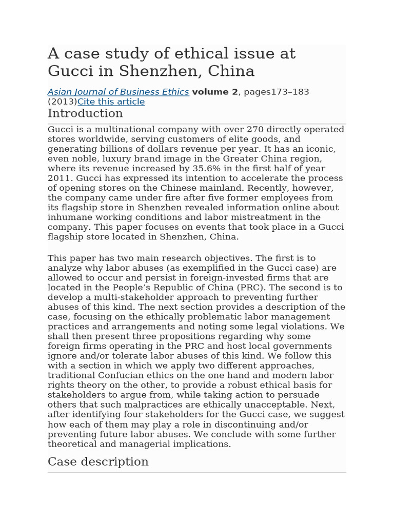 A Case Study of Ethical Issue at Gucci in Shenzhen | PDF