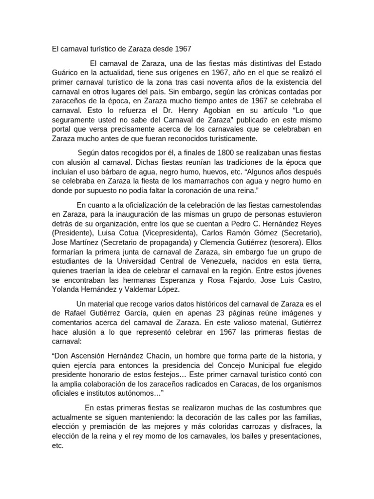 El Carnaval Turistico de Zaraza Desde 1967 | PDF