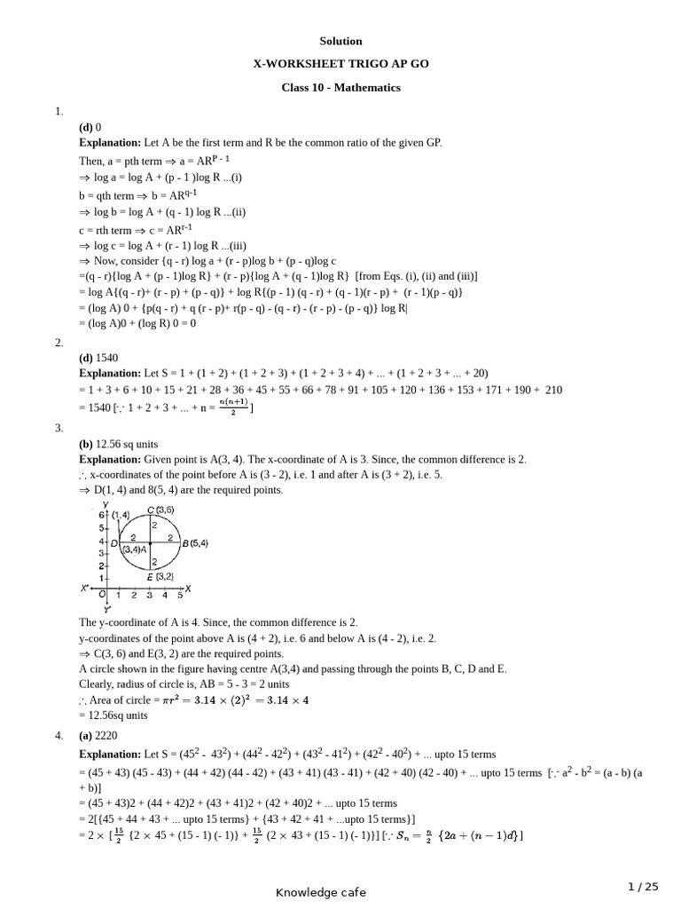 (D) Explanation:: Solution X-Worksheet Trigo Ap Go Class 10 ...