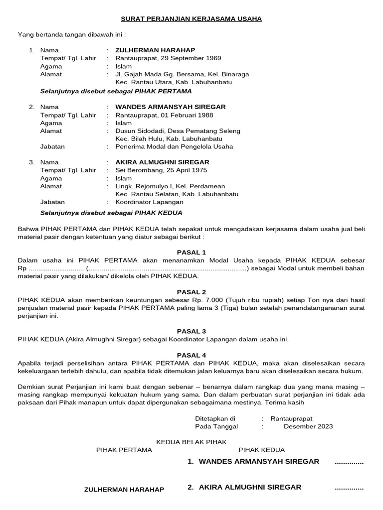 Surat Perjanjian Kerjasama Usaha Pdf