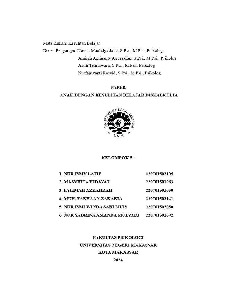 (A) Paper Anak Dengan Kesulitan Belajar Diskalkulia - Kel.5 | PDF