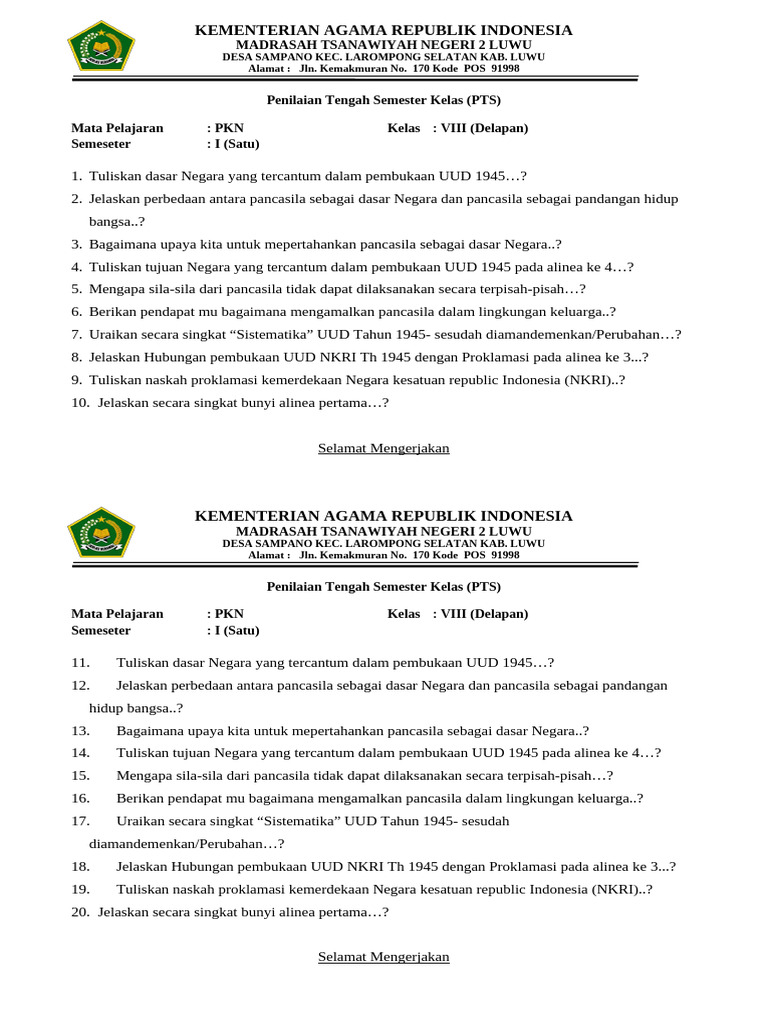 PTS PKN Sem 1 2022 2023 | PDF