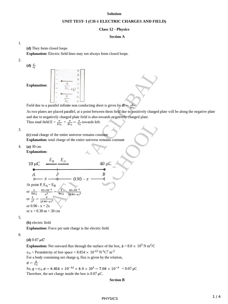 UNIT TEST Answer Key | PDF | Flux | Physics