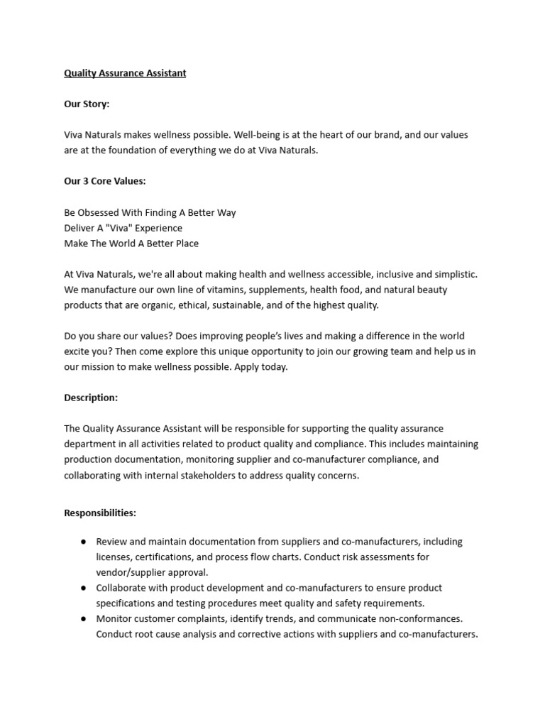 JD - Quality Assurance Assistant | PDF | Business