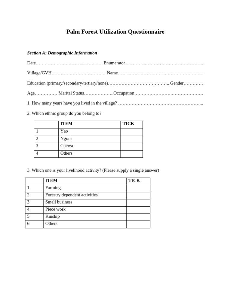 Palm Forest Utilization Questionnaire | PDF