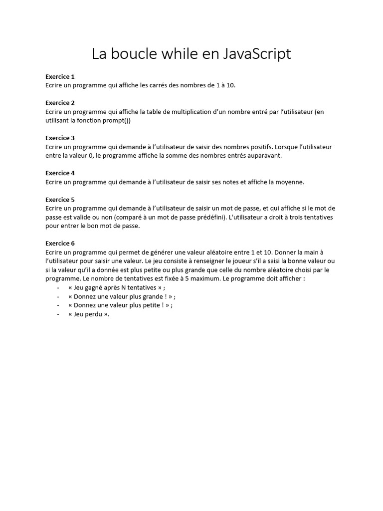 La Boucle While en JavaScript Exercices | PDF