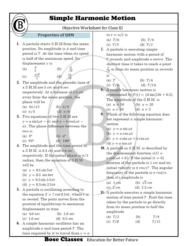 SHM Basic Objective Worksheet (Sheet 1) | PDF