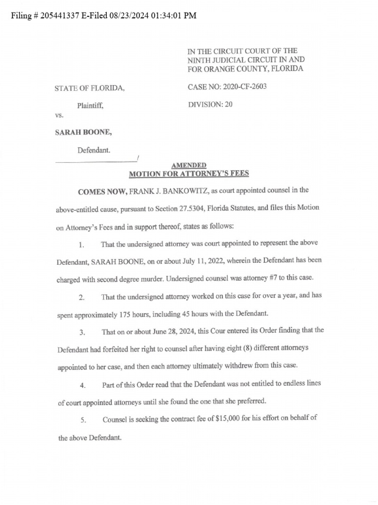 AMENDED MOTION FOR ATTORNEYS'S FEES | SARAH BOONE | PDF