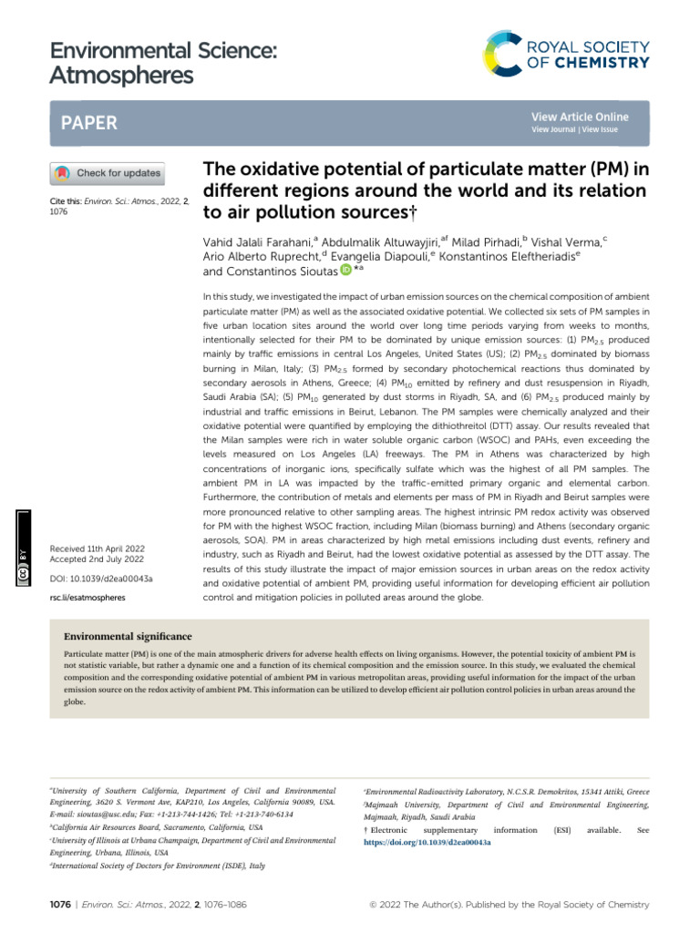 The Oxidative Potential Of Particulate Matter Pm In Different Regions Around The World And Its